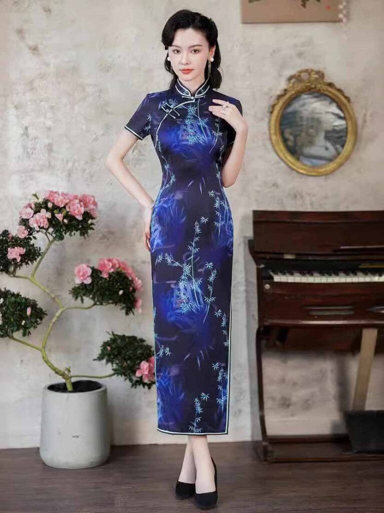 19 mome mulberry silk dark blue qipao dress long - eastqipao.com