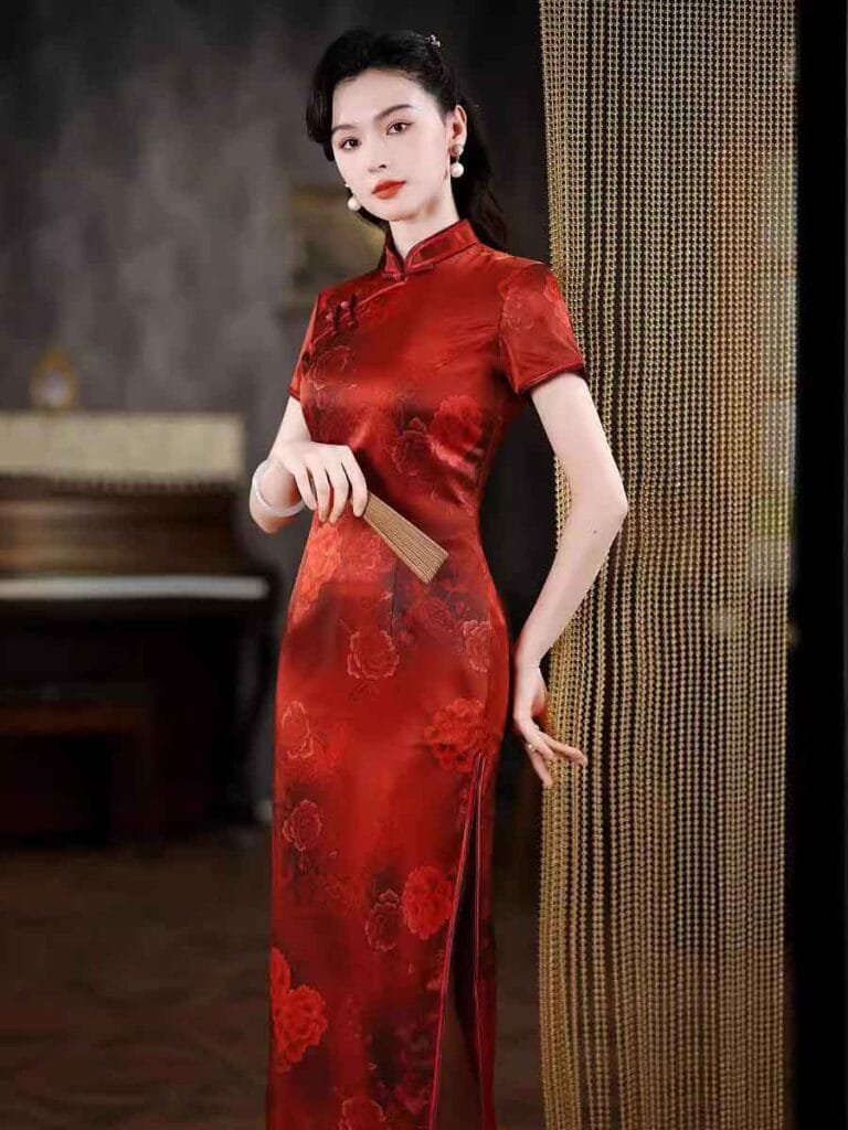 Long red Chinese cheongsam inspired dress, 19 mome silk floral style ...