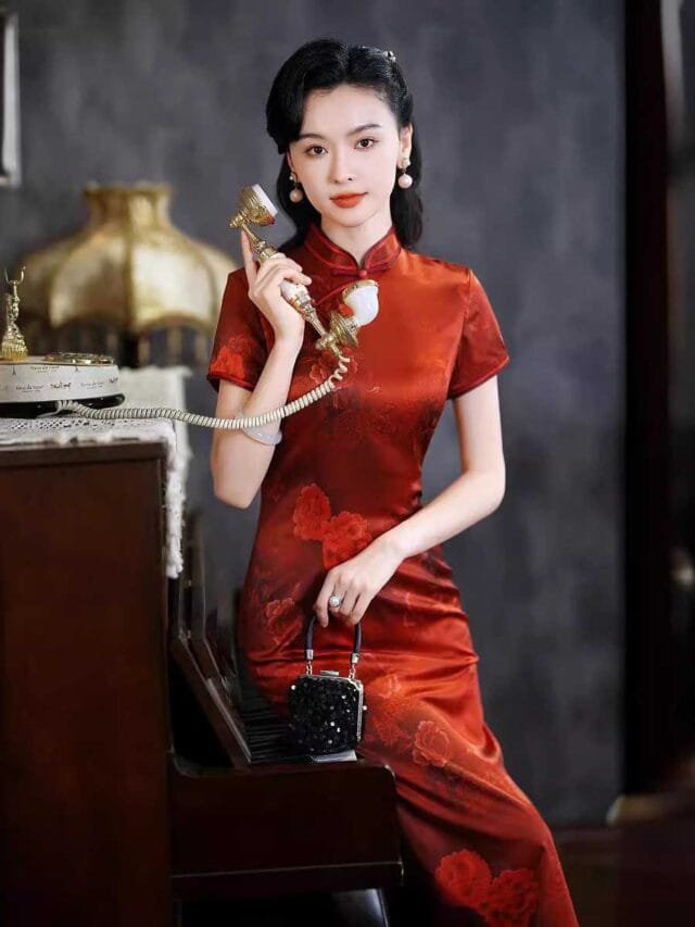 Long red Chinese cheongsam inspired dress, 19 mome silk floral style ...