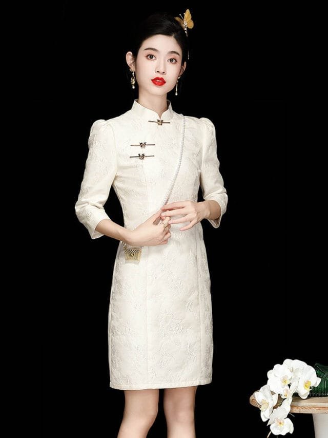 Apricot white short cheongsam dress qipao with long sleeves - eastqipao.com