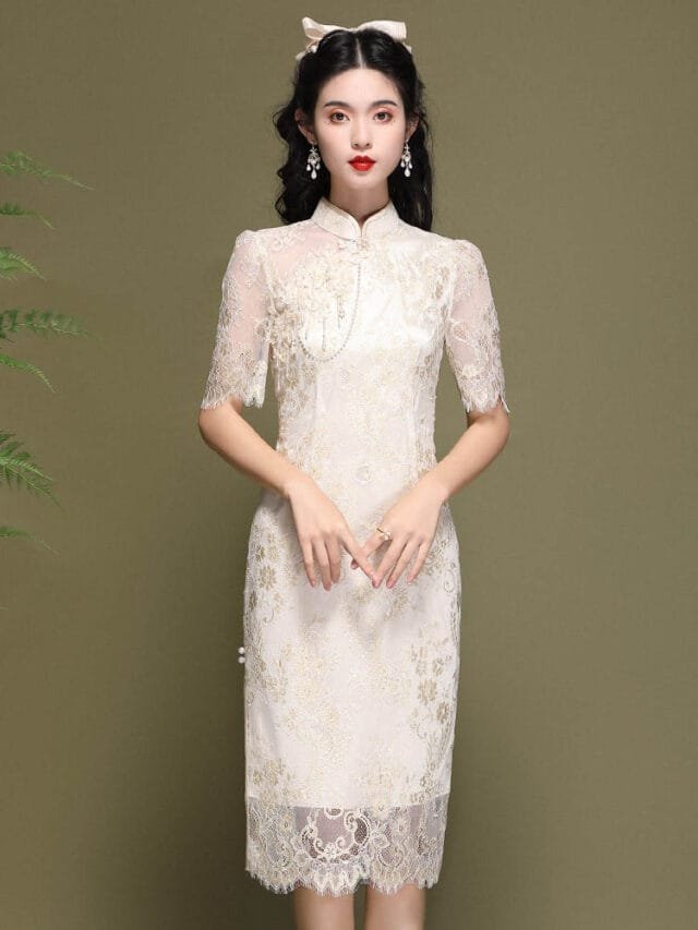 Embroidered lace Chinese Cheongsam dress champagne color - eastqipao.com
