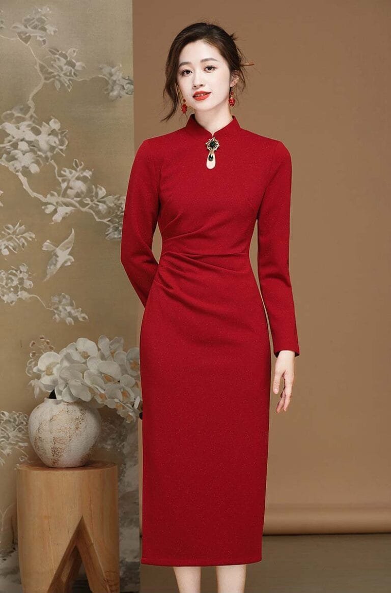 Chinese red Qipao inspired dress long sleeve - eastqipao.com