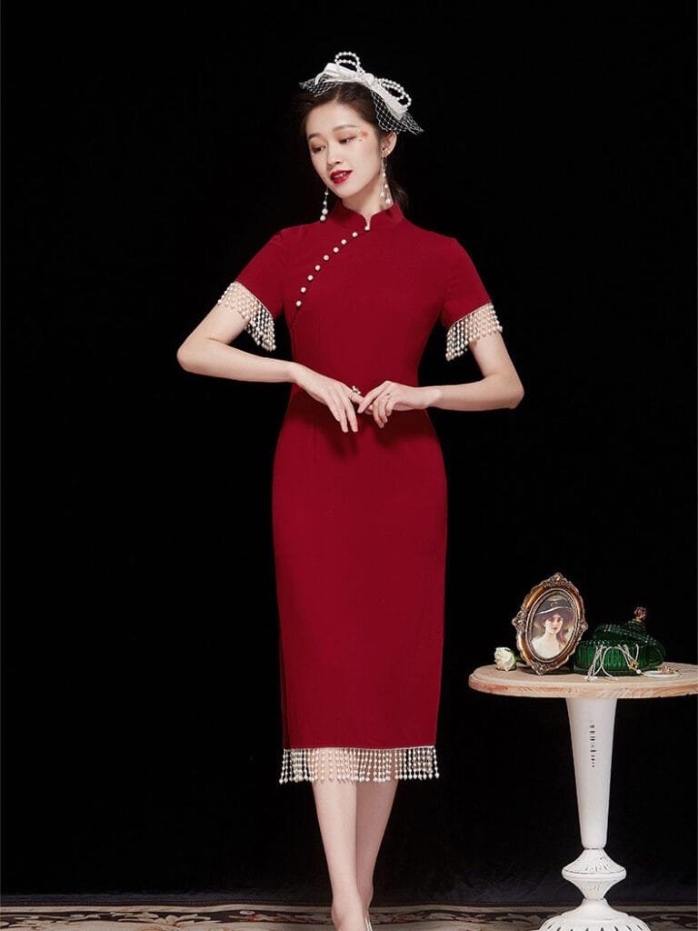 Chinese red Cheongsam inspired dress with pearl tassels - eastqipao.com
