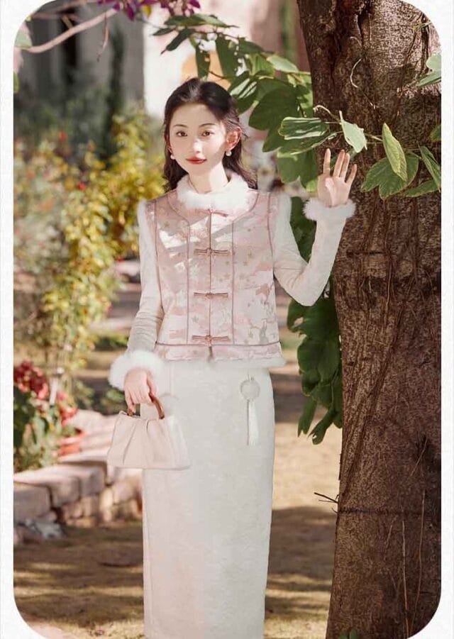 Chinese New Year Winter Cheongsam dress with waistcoat - eastqipao.com