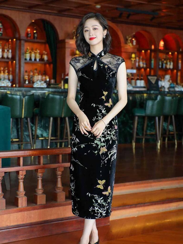 Velvet vintage black Cheongsam backless dress - eastqipao.com