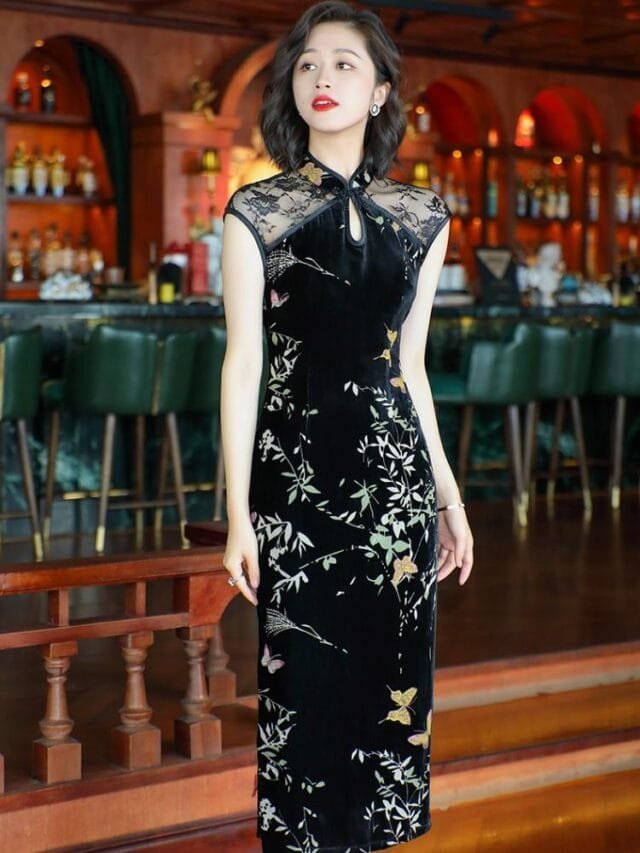 Velvet vintage black Cheongsam backless dress - eastqipao.com