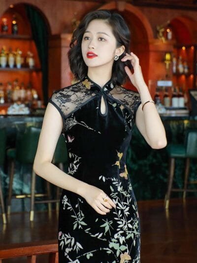 Velvet vintage black Cheongsam backless dress - eastqipao.com