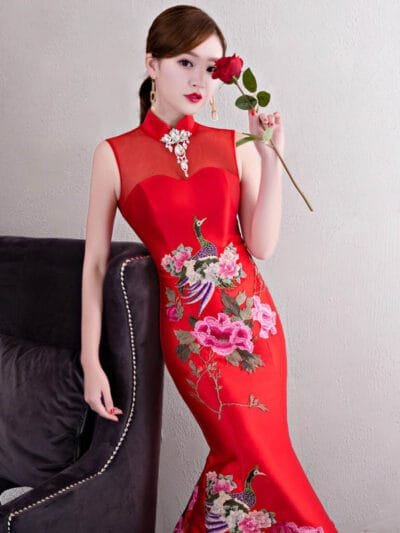 Vintage Chinese red, satin Fishtail Cheongsam dress - eastqipao.com