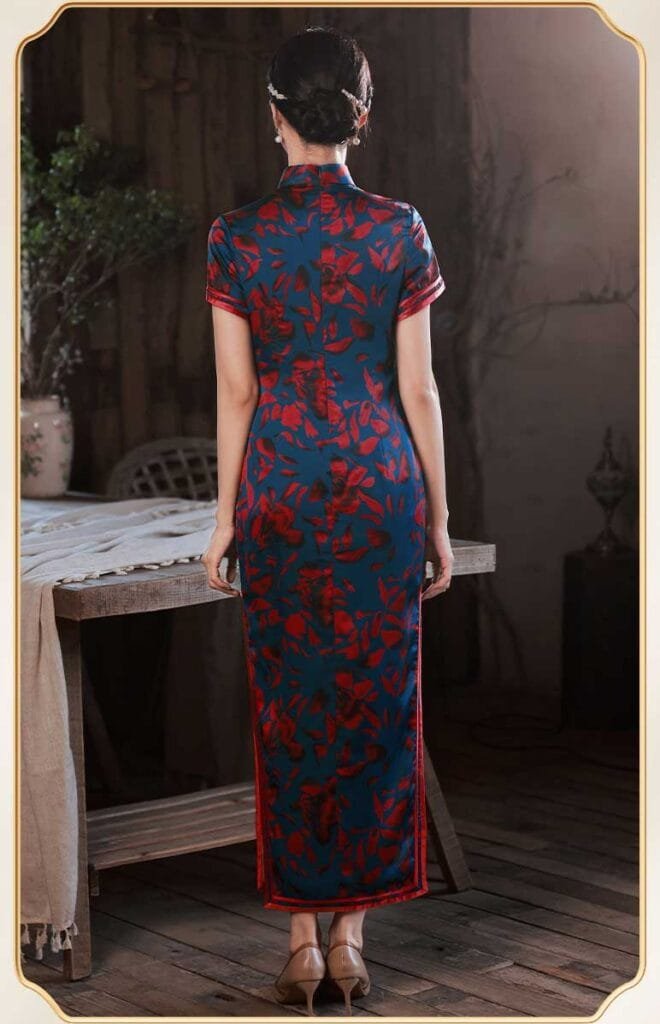 Real silk Cheongsam dress blue with red floral - eastqipao.com