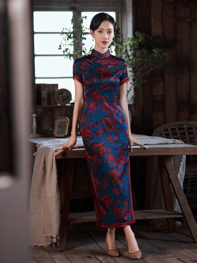 Real silk Cheongsam dress blue with red floral - eastqipao.com