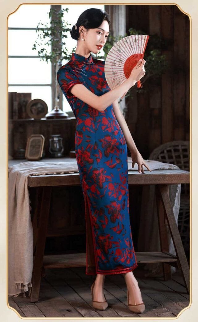 Real silk Cheongsam dress blue with red floral - eastqipao.com