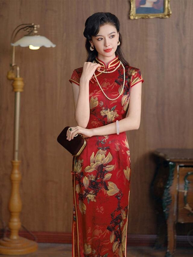 Mulberry silk long Chinese red dresses, high-end Cheongsam - eastqipao.com
