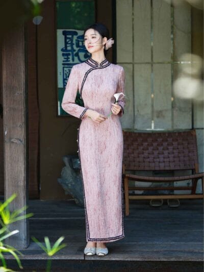 Long sleeve Cheongsam dress in pink - eastqipao.com