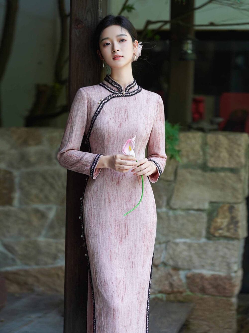 Long sleeve Cheongsam dress in pink - eastqipao.com